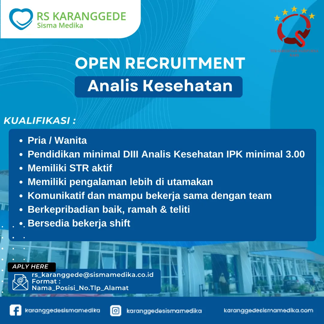 Lowongan Pekerjaan Analis Kesehatan - Rumah Sakit Karanggede Sismamedika